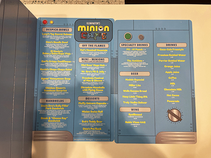 The menu reads like Gru's blueprint for world domination, except instead of evil schemes, it's packed with cleverly named comfort foods and themed treats.