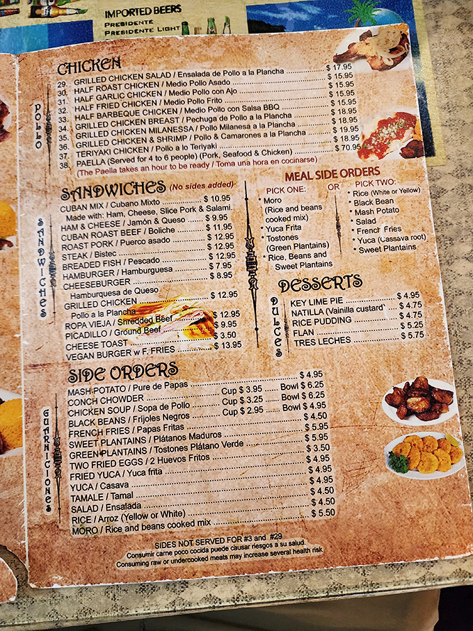 The menu reads like a love letter to Cuban cuisine, with each dish promising the kind of satisfaction that makes you close your eyes and sigh.