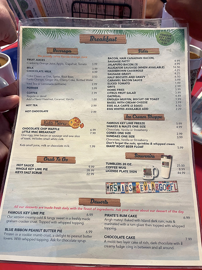 Breakfast, lunch, or dinner? The menu tempts with Florida favorites from alligator sausage to their famous Key Lime Freeze that'll cool you faster than jumping in the ocean.