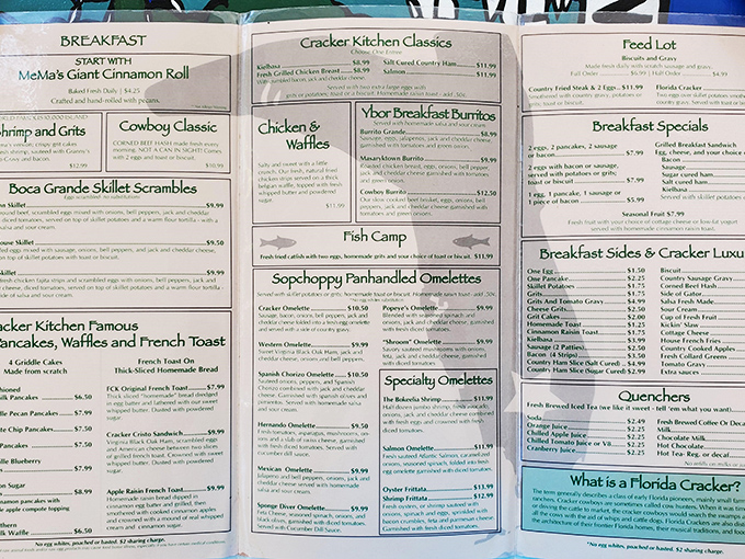 The menu reads like a love letter to Southern cooking, featuring everything from hearty breakfast classics to seafood specialties with a distinctly Florida twist.