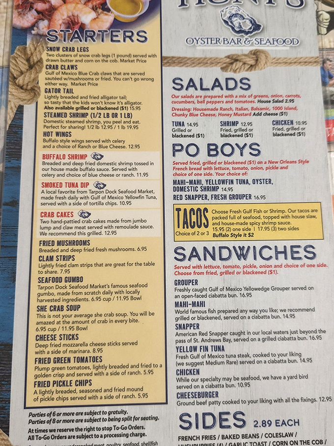 Hunt's menu reads like a love letter to Gulf Coast seafood, from oysters prepared every way imaginable to local specialties that keep regulars coming back.