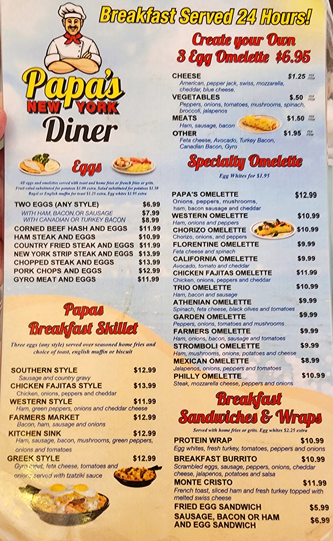 Breakfast served 24/7? Now that's what I call civilization! The menu at Papa's offers create-your-own omelets that turn indecision into delicious opportunity.