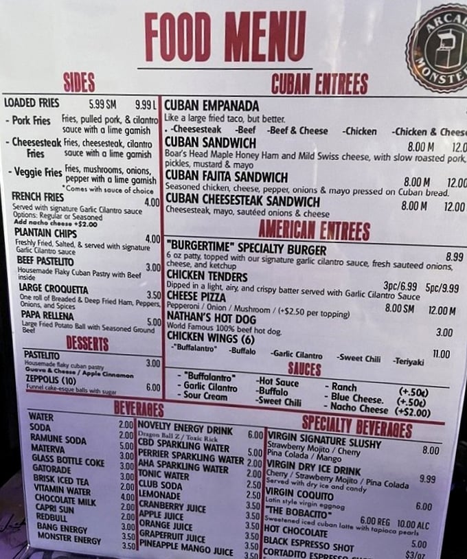 This menu doesn't mess around&mdash;Cuban sandwiches and loaded fries fuel your gaming marathon while specialty drinks keep your button-mashing fingers nimble.