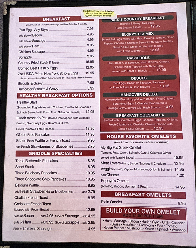 The menu at Nick's reads like a love letter to American breakfast classics, with the biscuits and gravy stealing the spotlight.