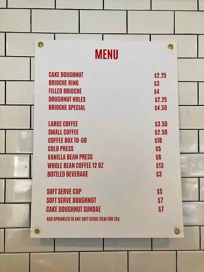 The menu board reads like a love letter to doughnut simplicity &ndash; no gimmicks needed when you've mastered the classics this perfectly.