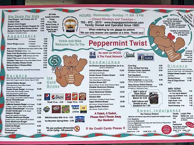 The menu board is a masterpiece of American drive-in classics, featuring everything from burgers to baskets and those legendary ice cream treats.