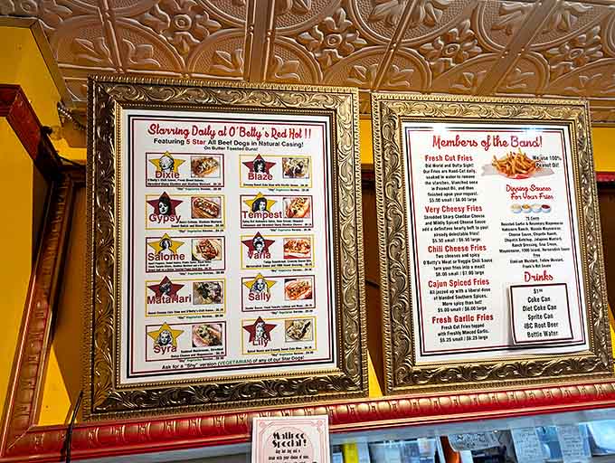 The gold-framed menu reads like a burlesque playbill, with each hot dog creation named after legendary performers &ndash; dinner and a show!