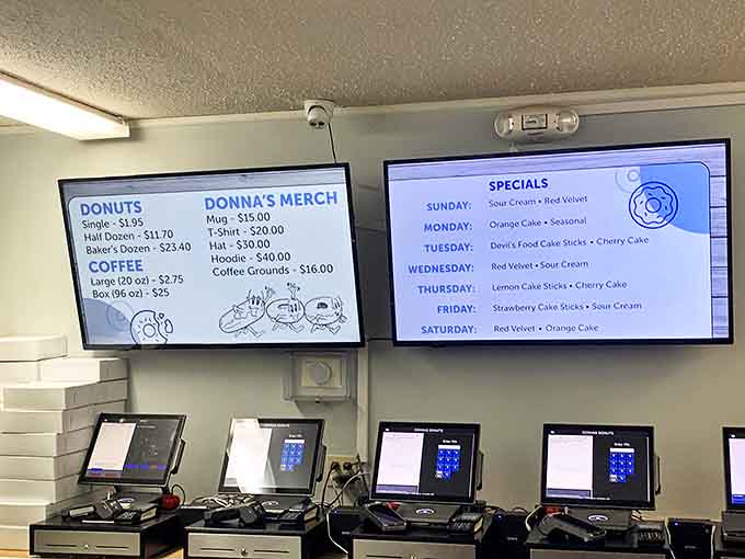 The menu board at Donna's reads like poetry to donut lovers, with daily specials that keep regulars coming back.