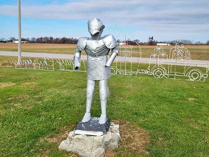 Nearby, a silver knight stands guard, seemingly ready to battle the dragon in an eternal metallic standoff that delights visitors of all ages.