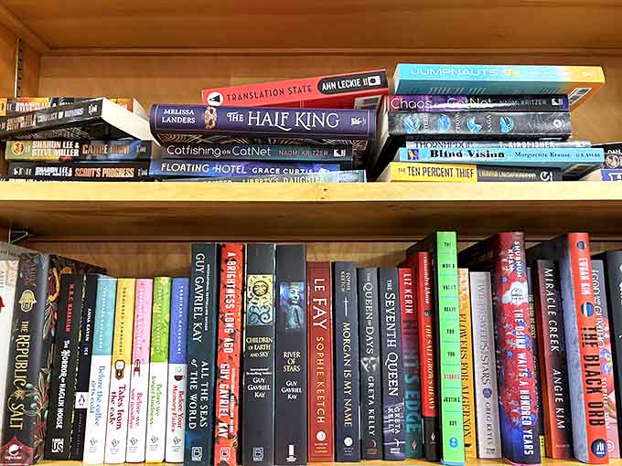 A treasure trove of literary adventures stacked neatly, promising journeys to distant galaxies and magical realms with every spine.