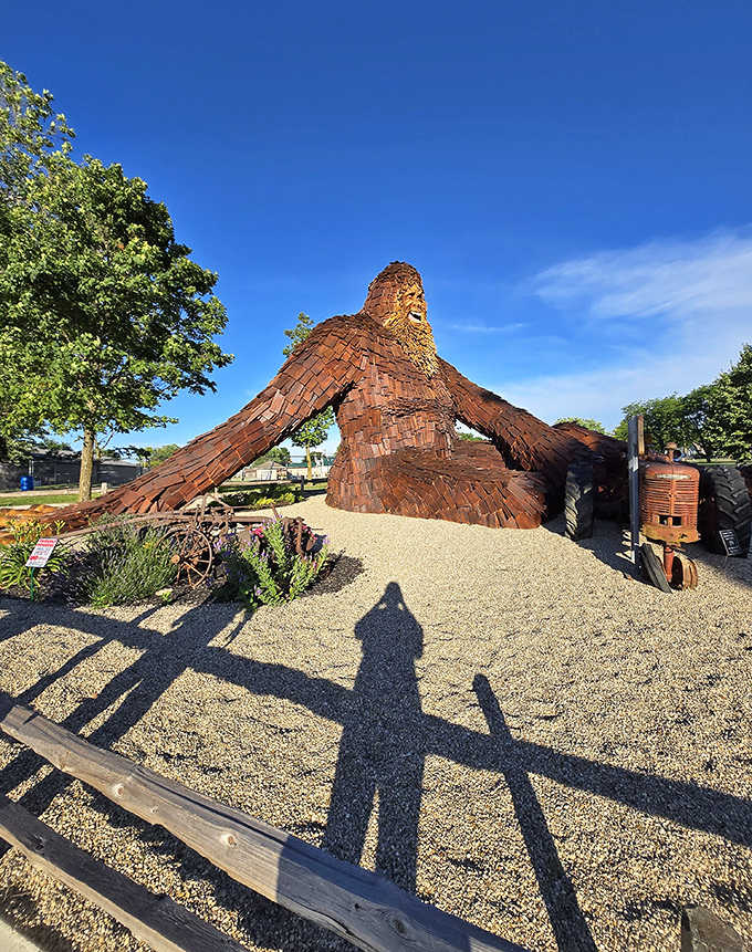 Morning light showcases the sculpture's impressive scale against a perfect blue Ohio sky.