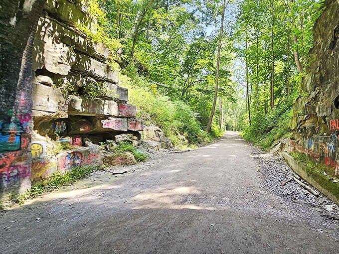 The road approaching the tunnel offers a moment of contemplation before entering this historic passageway.