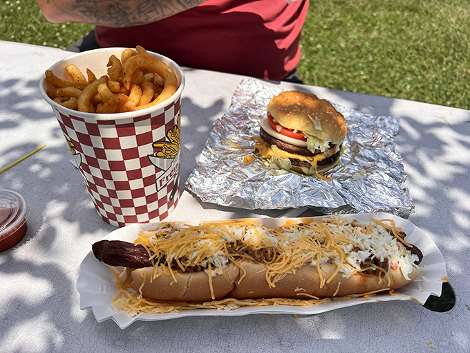 A perfectly grilled burger, crispy golden fries, and a loaded hot dog – the kind of meal that makes you want to pledge allegiance to the flag.
