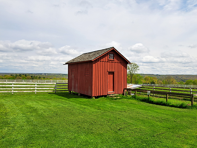 This little red shed tells big stories about rural American life, standing proudly against the backdrop of Ohio's rolling countryside.