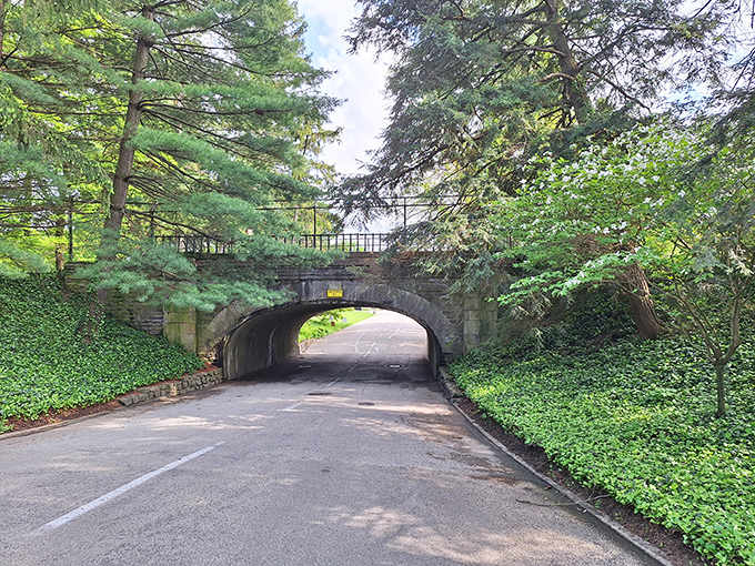 This stone archway tunnel looks like a portal to another world, framed by lush greenery on both sides.