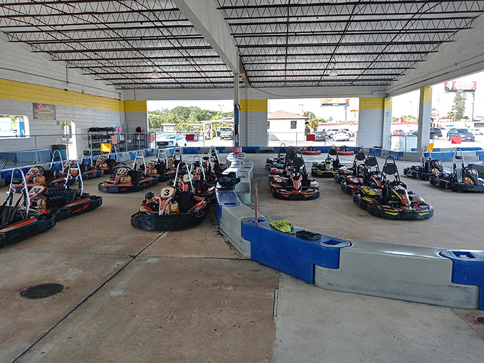 The facility houses an impressive fleet of high-performance Sodikarts, lined up and ready for drivers eager to test their racing mettle.
