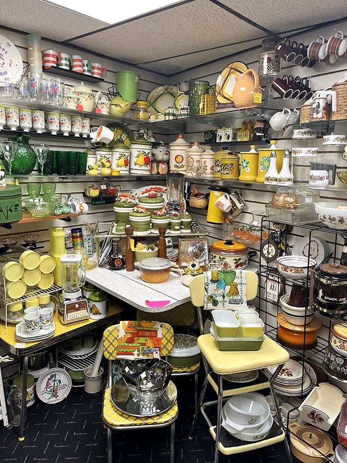 Kitchen nostalgia overload! Grandma's favorite Pyrex patterns and avocado-everything create a technicolor treasure trove of domestic memories.