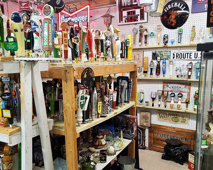 This wall of vintage beer tap handles is basically a museum exhibit on American brewing history, except you can actually take the exhibits home.