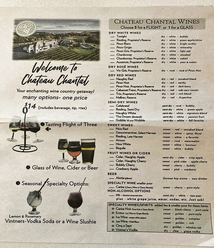 Menu: A tantalizing roadmap to flavor country &ndash; this wine list showcases everything from crisp whites to robust reds, with helpful tasting notes for wine novices.