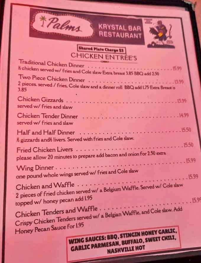 The menu doesn't mince words &ndash; chicken reigns supreme here, with options from traditional dinners to gizzards and livers for the adventurous soul.