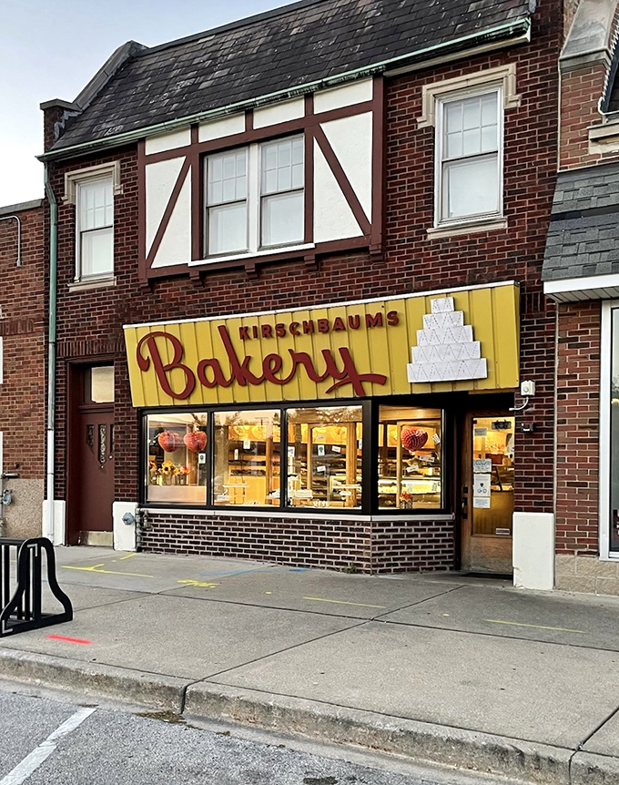 Kirschbaum's bright yellow storefront stands out like sunshine on Western Springs' main street. The vintage sign hints at decades of baking tradition.