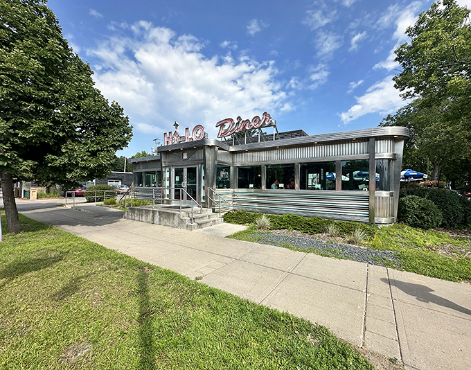 Sunshine illuminates the classic lines of Hi-Lo Diner, highlighting the authentic 1950s architecture of this transported and restored dining car.