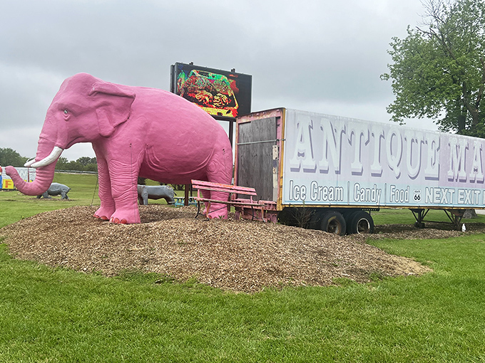 This isn't your average mall mascot! The bubblegum-pink elephant outside the antique mall ensures you'll never forget where you parked.