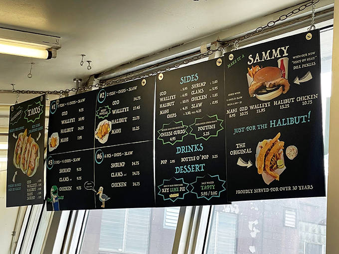 The menu board tells a simple story&mdash;seafood classics prepared with expertise, no fancy descriptions needed when the food speaks for itself.