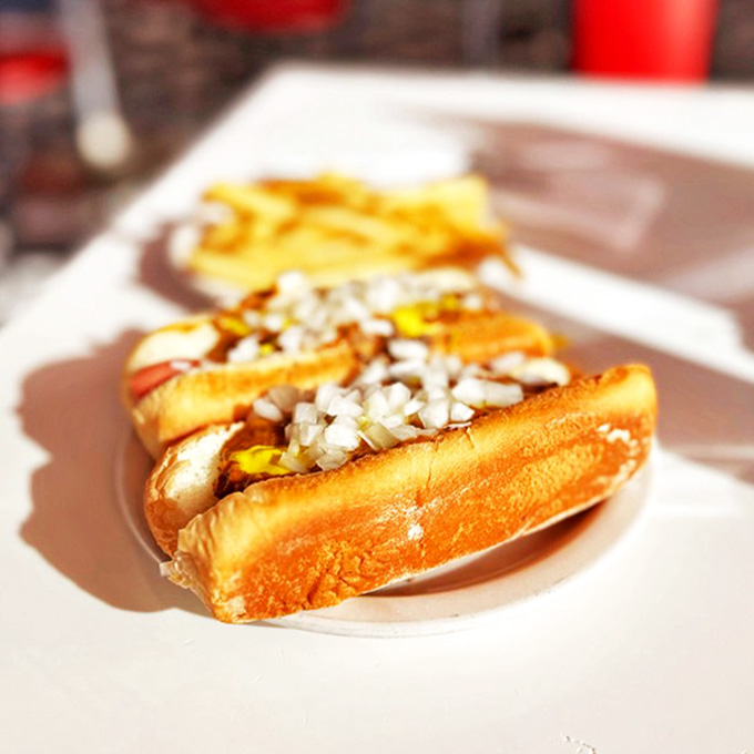 The American Special arrives in all its glory &ndash; a perfectly steamed bun cradling a natural-casing hot dog topped with chili, mustard, and diced onions.