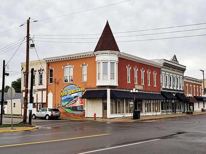 Corner buildings downtown show off their vintage charm, proving that good architecture never goes out of style, unlike your high school haircut.