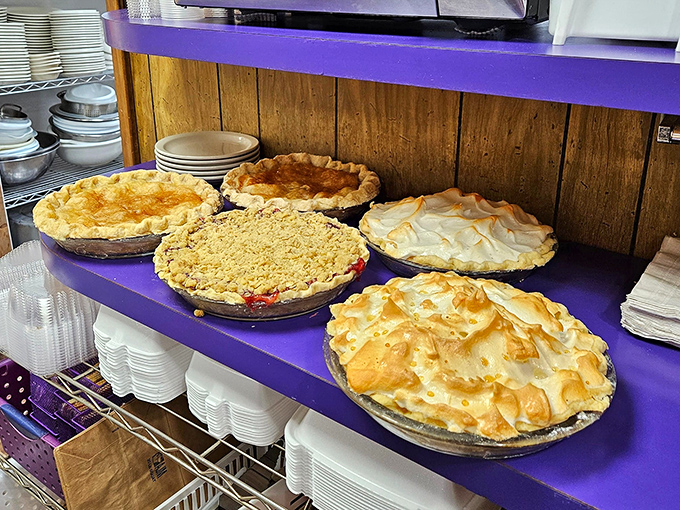 A rainbow of homemade pies awaits on purple shelves &ndash; each one a testament to the dying art of scratch baking and proper crust technique.
