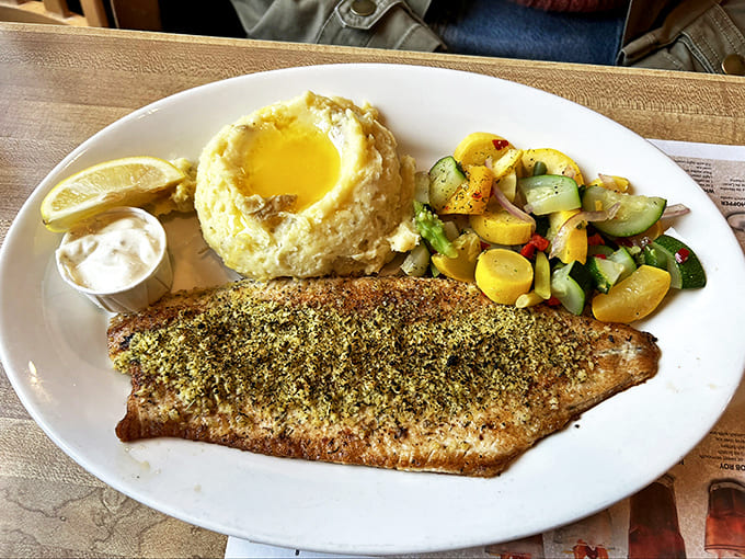 Fresh-caught Great Lakes whitefish, perfectly broiled and served with a buttery potato mountain and garden-fresh vegetables.