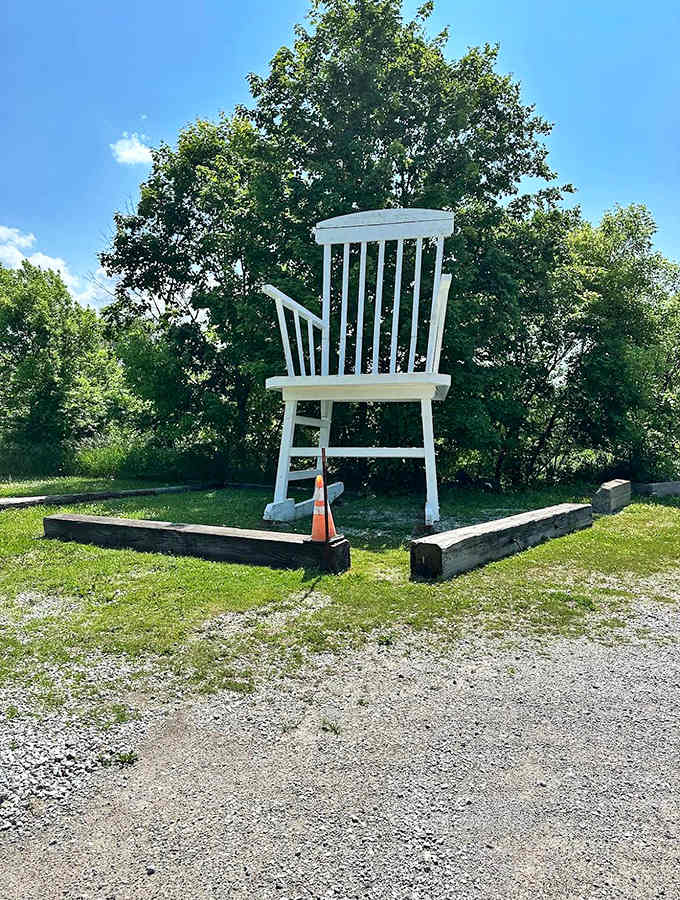 Morning light showcases the craftsmanship of this wooden behemoth. Notice the traditional rocking chair design, just multiplied by... a lot.