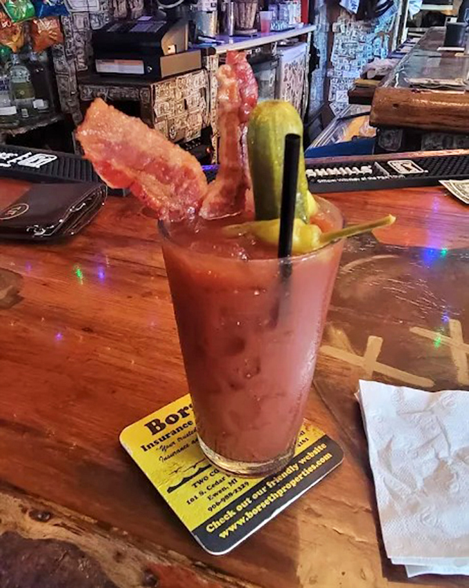 A legendary Bloody Mary that's practically a meal, complete with beef jerky garnish and all the fixings.