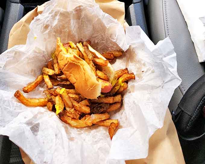 The Chicago-style hot dog in its natural habitat, loaded with everything that makes sense and nothing that doesn't, a study in perfect simplicity.