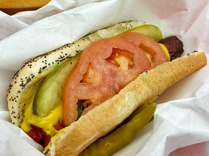A true Chicago-style hot dog in all its glory &ndash; Vienna Beef frank "dragged through the garden" with traditional toppings on a poppy seed bun.