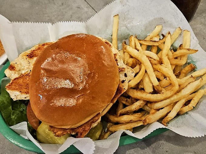 That chicken sandwich looks like it means business, with enough substance to satisfy without requiring a nap afterward.