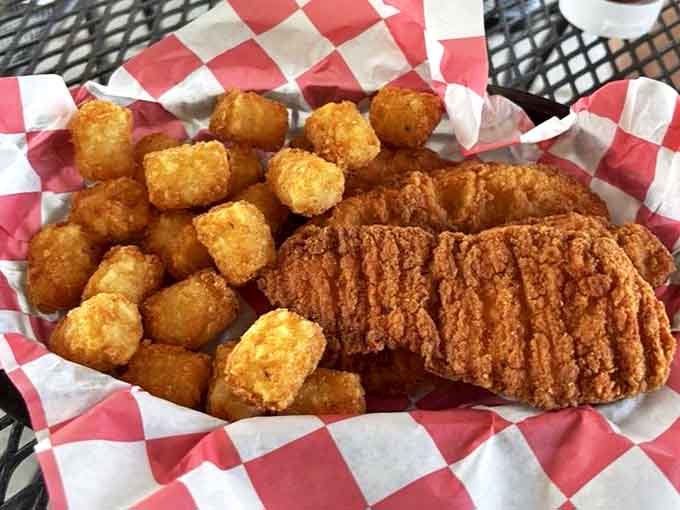 Golden-fried chicken strips nestled alongside tater tots &ndash; a basket of crispy, crunchy comfort that speaks the universal language of satisfaction.
