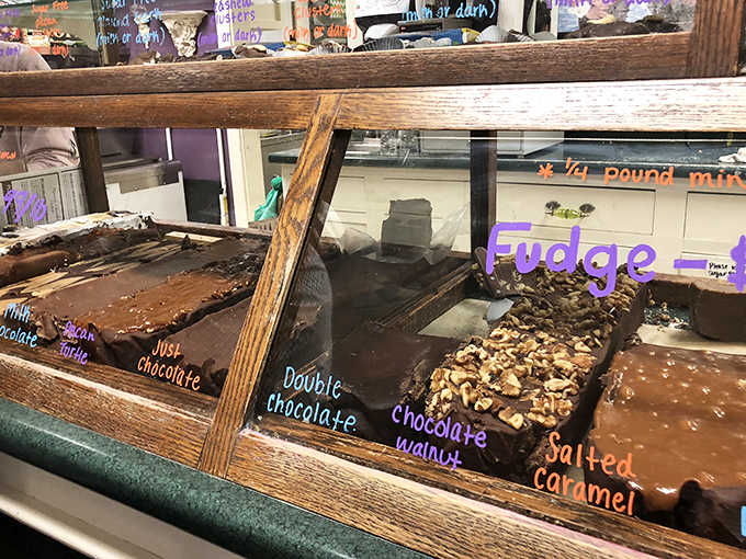 Three varieties of chocolate fudge that would make Willy Wonka weep with joy &ndash; "Just Chocolate," "Double Chocolate," and "Chocolate Walnut" for the nut enthusiasts.