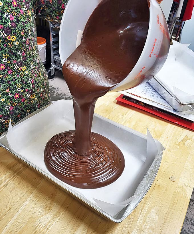Liquid chocolate cascades from mixing bowl to tray&mdash;the beginning of a magical transformation that will have you contemplating a second mortgage for more.