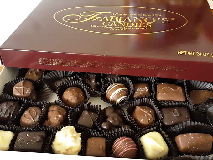 A box of assorted chocolates from Fabiano's: proof that variety is indeed the spice of life, assuming spice means chocolate in various forms.