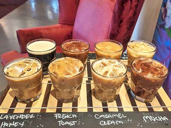 Four distinct flavor journeys await in this wooden flight board &ndash; Lavender Honey, French Toast, Caramel Cream, and Mocha tempt with their amber hues.