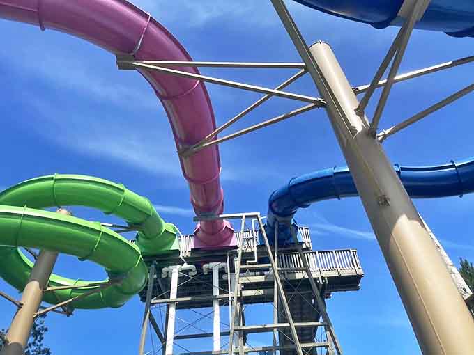 A twisted rainbow of adrenaline delivery systems spirals toward the ground, each curve promising a different flavor of "wheeeee!" on your journey.