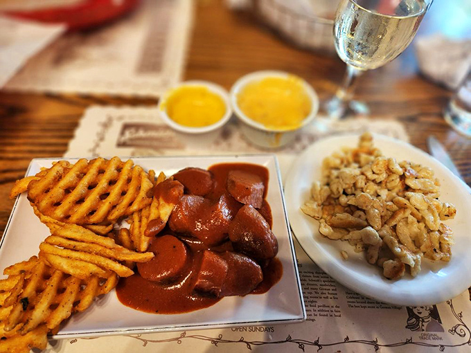 A perfect German trinity: spicy currywurst with crispy waffle fries alongside sp&auml;tzle &ndash; little dumplings that are basically pasta's cozier, more interesting cousin.