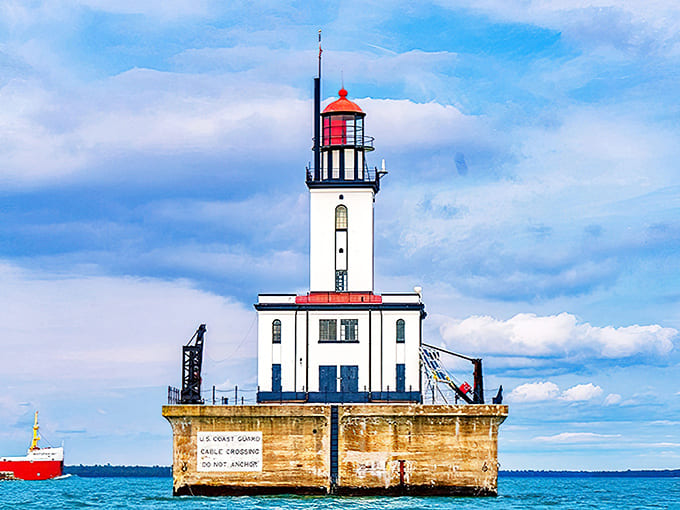 DeTour Reef Light stands sentinel in the waters, a historic lighthouse that's guided ships safely for generations of Great Lakes travelers.