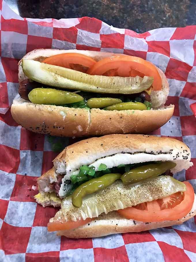 Behold the Chicago Dog in all its glory, loaded with every traditional topping that makes this style legendary across the nation.