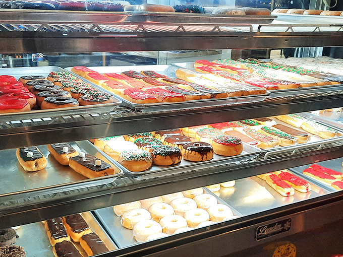 Behold the donut display case &ndash; a glass-fronted museum of edible art where willpower goes to die a delicious death.