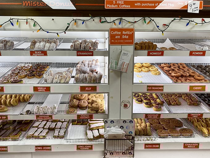 A donut wonderland awaits behind glass – each tray meticulously arranged like edible artwork, making decisions nearly impossible for first-timers.