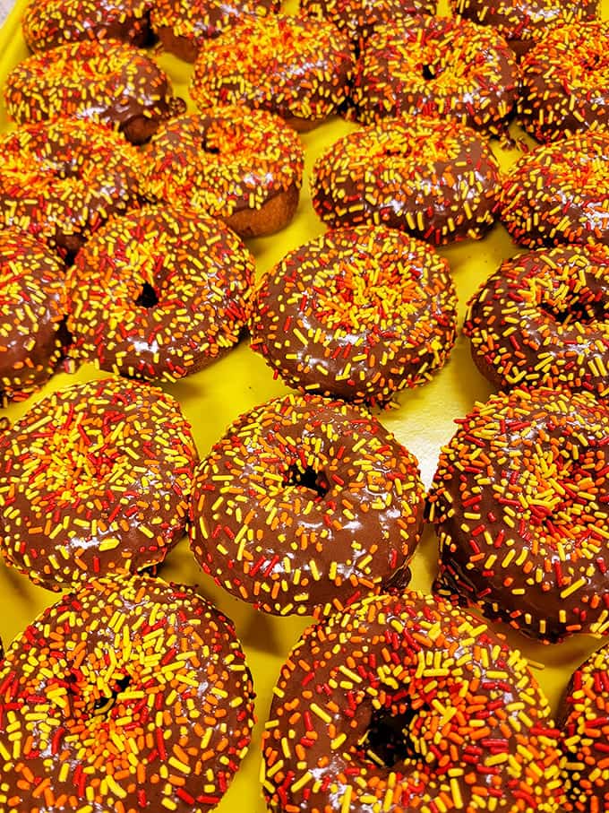 Chocolate donuts adorned with festive fall-colored sprinkles&mdash;like autumn leaves transformed into edible confetti for your taste buds.