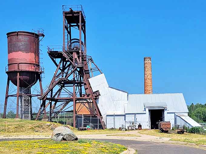 The historic mining headframe stands as a towering reminder of Ely's industrial past, when iron ore, not tourism, was the lifeblood of this resilient community.